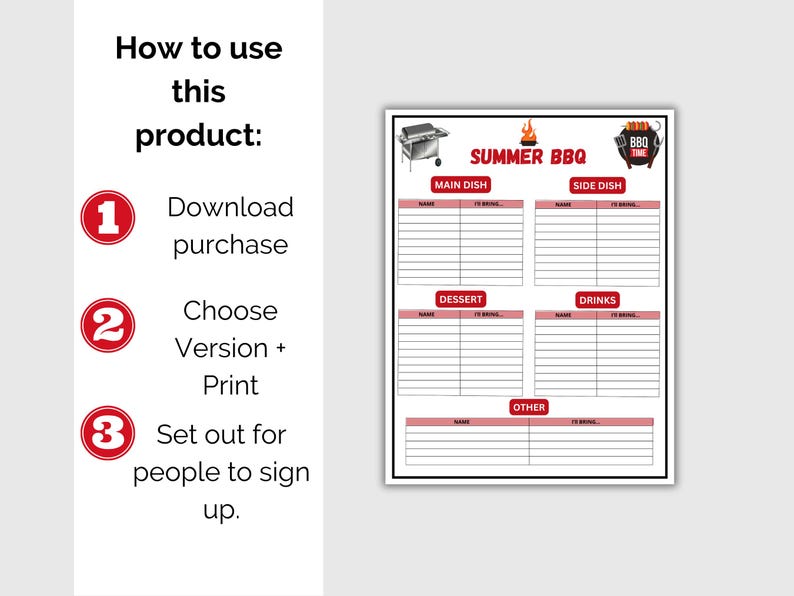 Summer BBQ Sign up Sheet, Printable Summer Cookout Sign up Form, Summer ...
