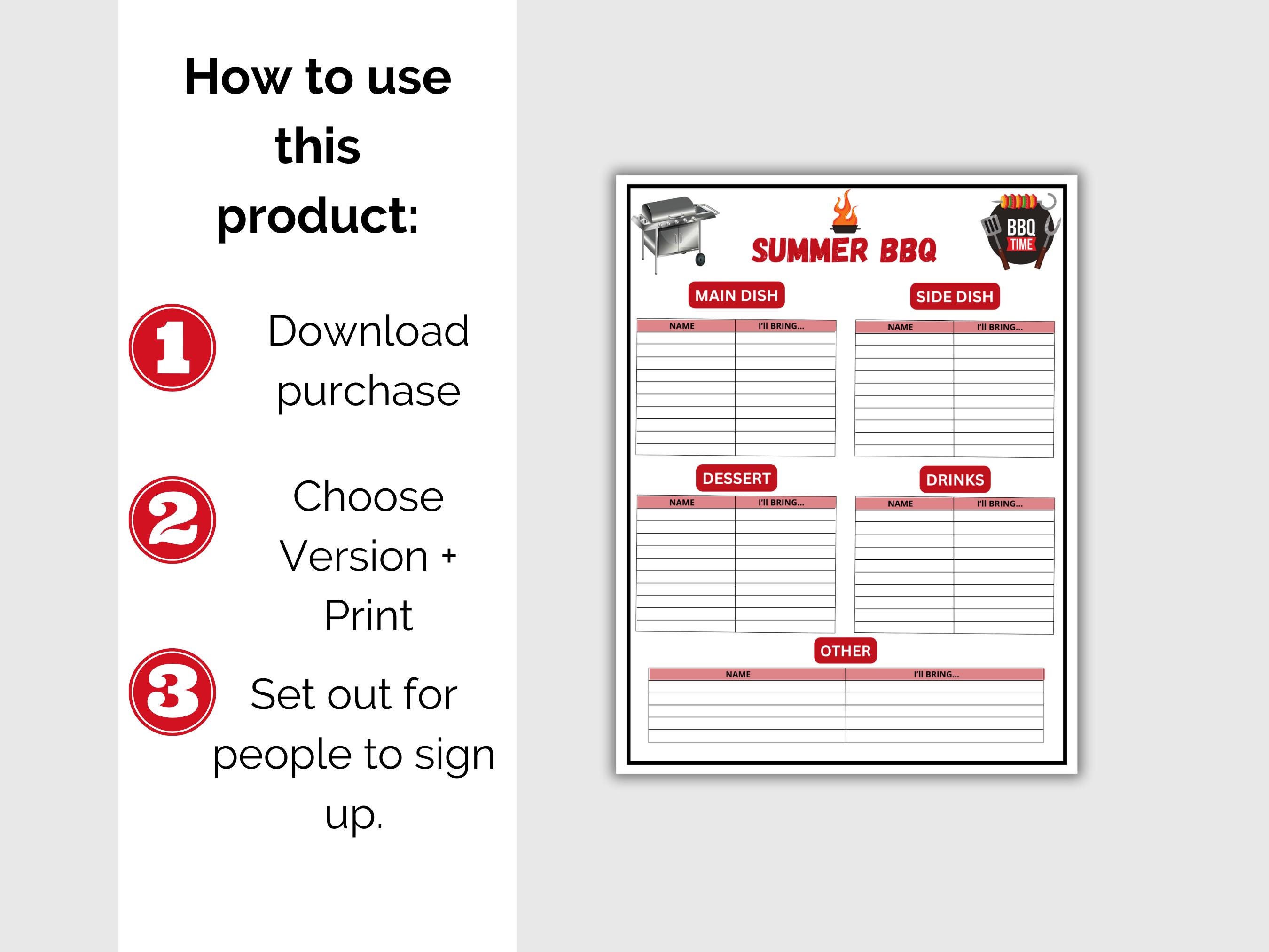Summer BBQ Sign up Sheet, Printable Summer Cookout Sign up Form, Summer ...