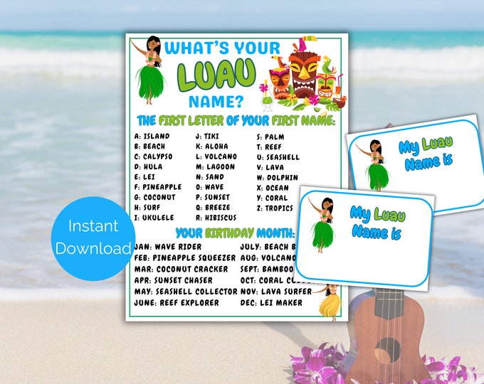 What's Your Luau Name Game + Name Tags, Hawaiian Party Game, Tropical ...