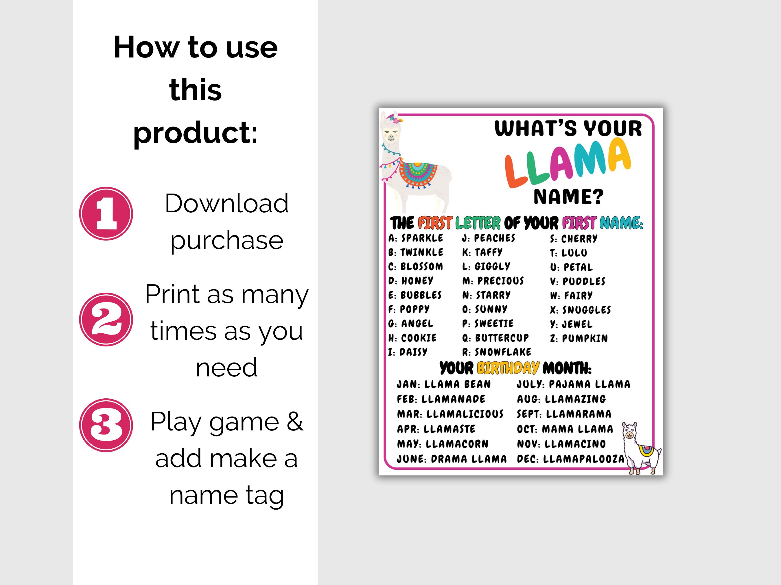 What's Your Llama Name Game + Name Tags, Llama Birthday Party Game ...