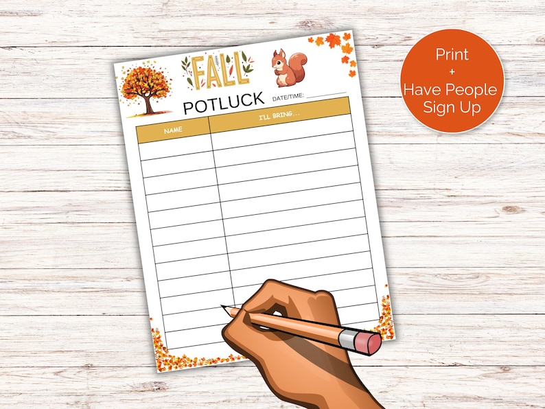 Fall Potluck Sign up Sheet, Printable Autumn Harvest Potluck Party Sign ...