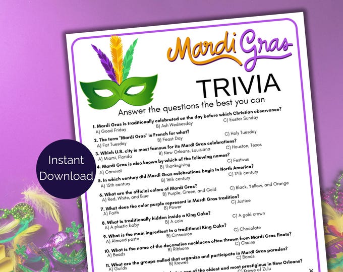 Mardi Gras Trivia Game, Mardi Gras Quiz, Mardi Gras Party Games, Fat ...
