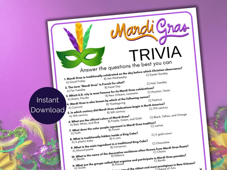 Mardi Gras Trivia Game, Mardi Gras Quiz, Mardi Gras Party Games, Fat ...