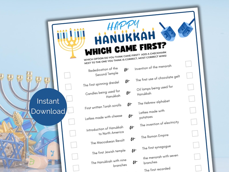 Hanukkah Which Came First Game, Hannukah Trivia Game, Hanukkah Quiz ...