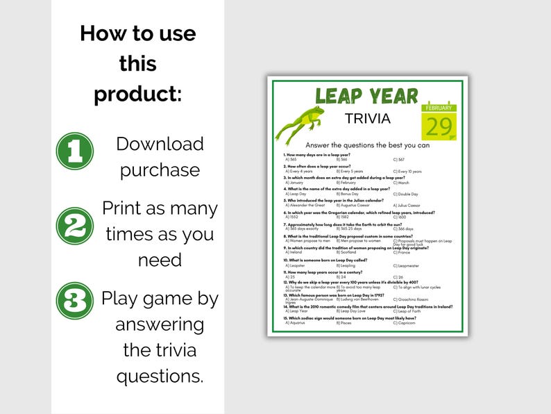 Leap Year Trivia Game, Leap Year Quiz, February 29th Trivia Game, Leap ...