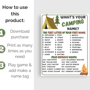 What's Your Camping Name Game + Name Tags, Camping Birthday Activity ...