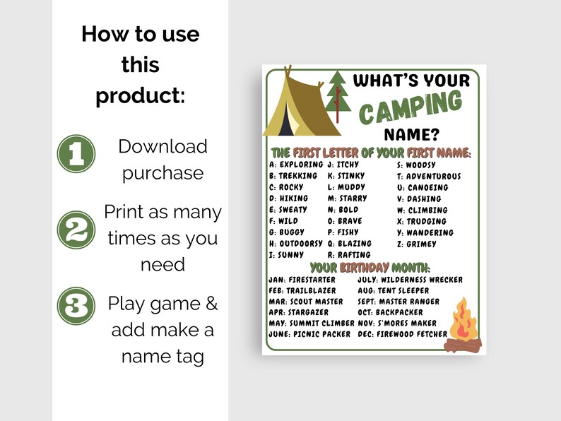 What's Your Camping Name Game Name Tags, Camping Birthday Activity ...