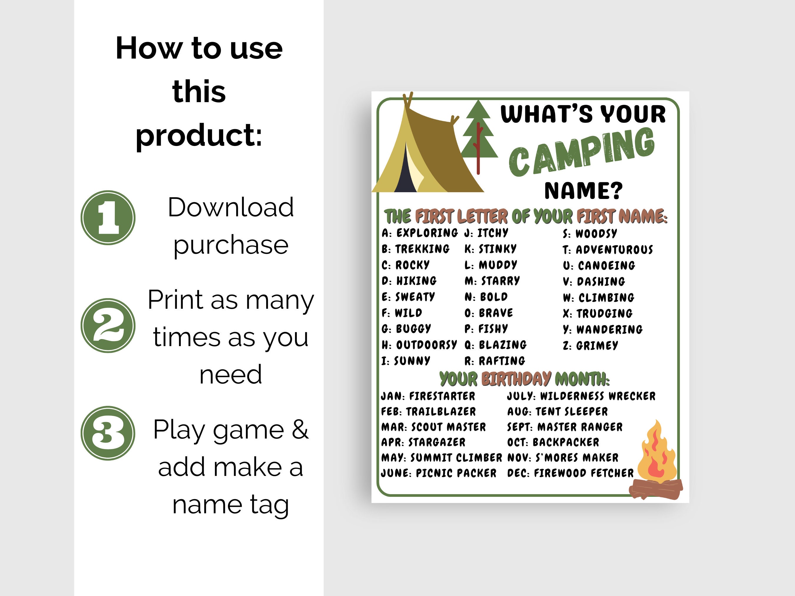 What's Your Camping Name Game Name Tags, Camping Birthday Activity ...