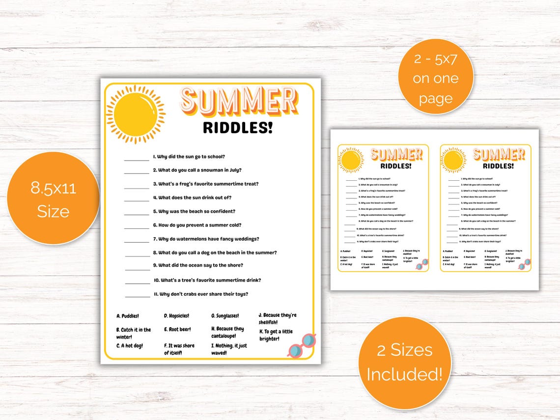 Summer Jokes, Summer Riddles, Summer Party Game, Summer Break Printable ...