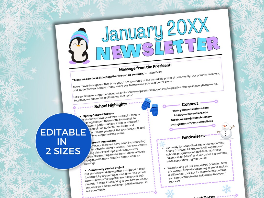 EDITABLE January PTO PTA Newsletter Template, Monthly Classroom January ...