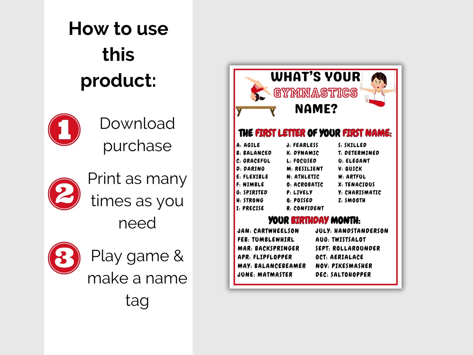 What's Your Gymnast Name Game + Name Tags, Gymnastics Party Game ...