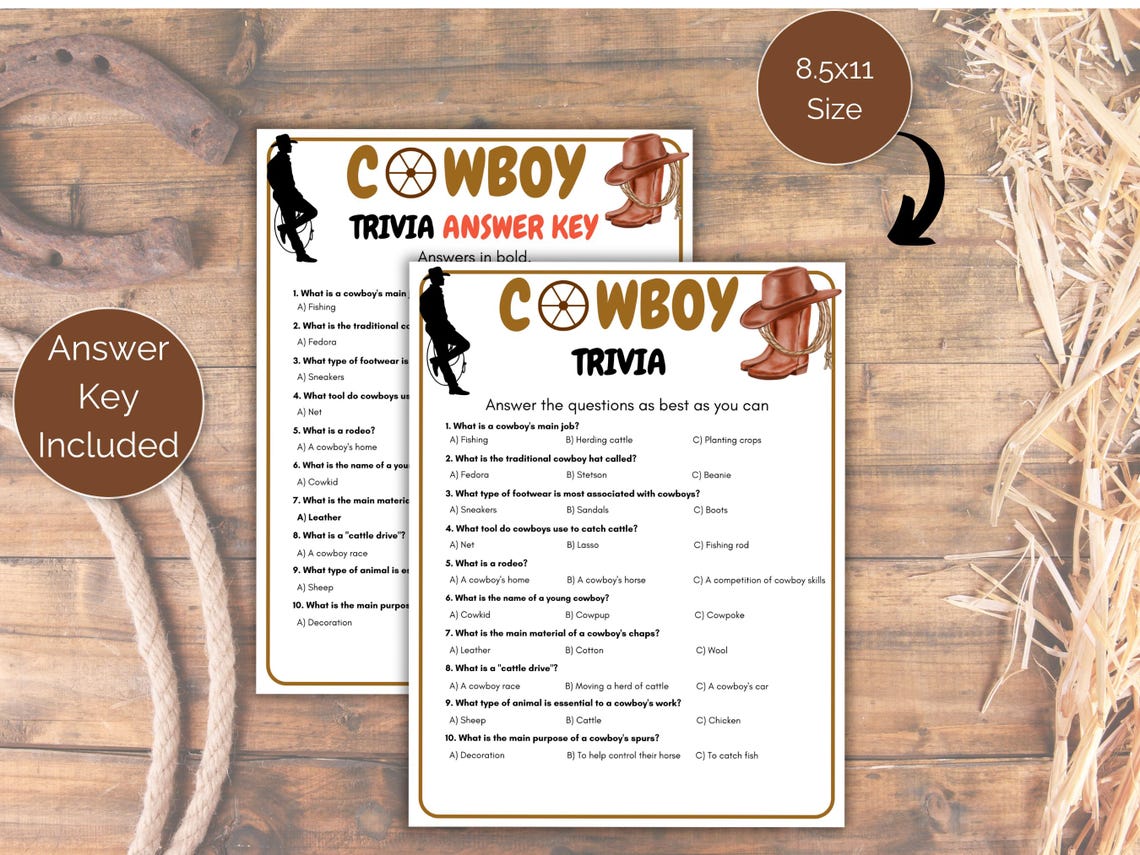 Cowboy Trivia Game, Printable Cowboy Trivia, Cowboy Quiz, Cowboy Party ...