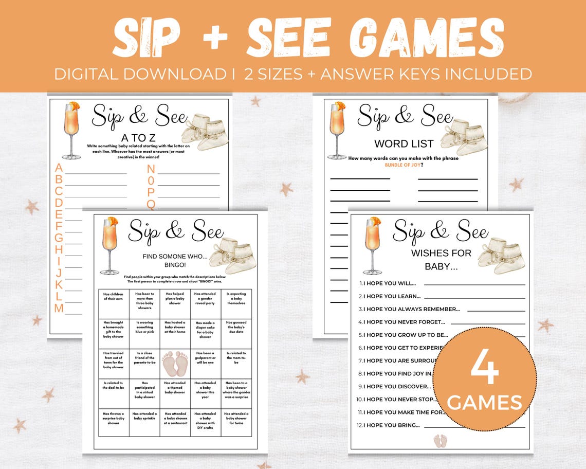 Sip and See Game Bundle, 4 Printable Sip & See Party Games, Meet and ...