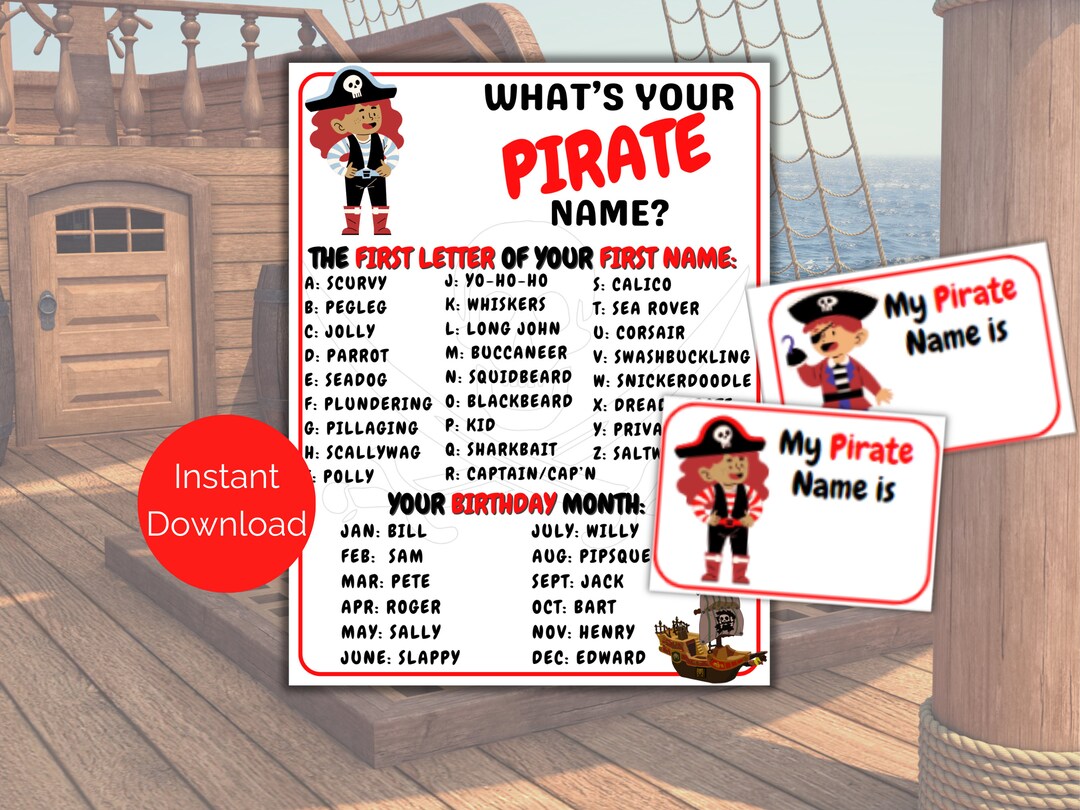 What's Your Pirate Name Game + Name Tags, Pirate Birthday Party Game ...