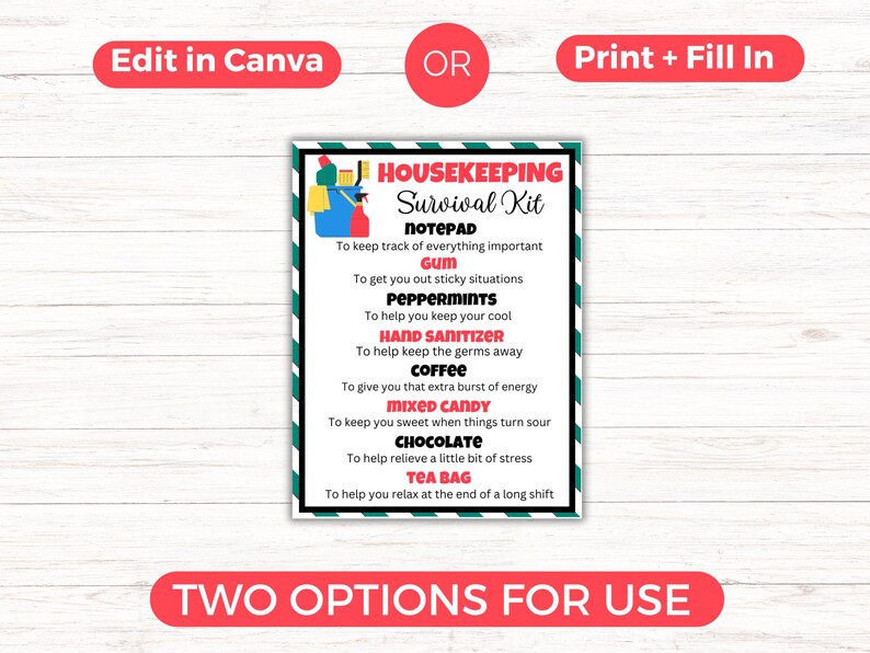 Editable Housekeeper Survival Kit Gift Tags, Housekeeping Appreciation ...