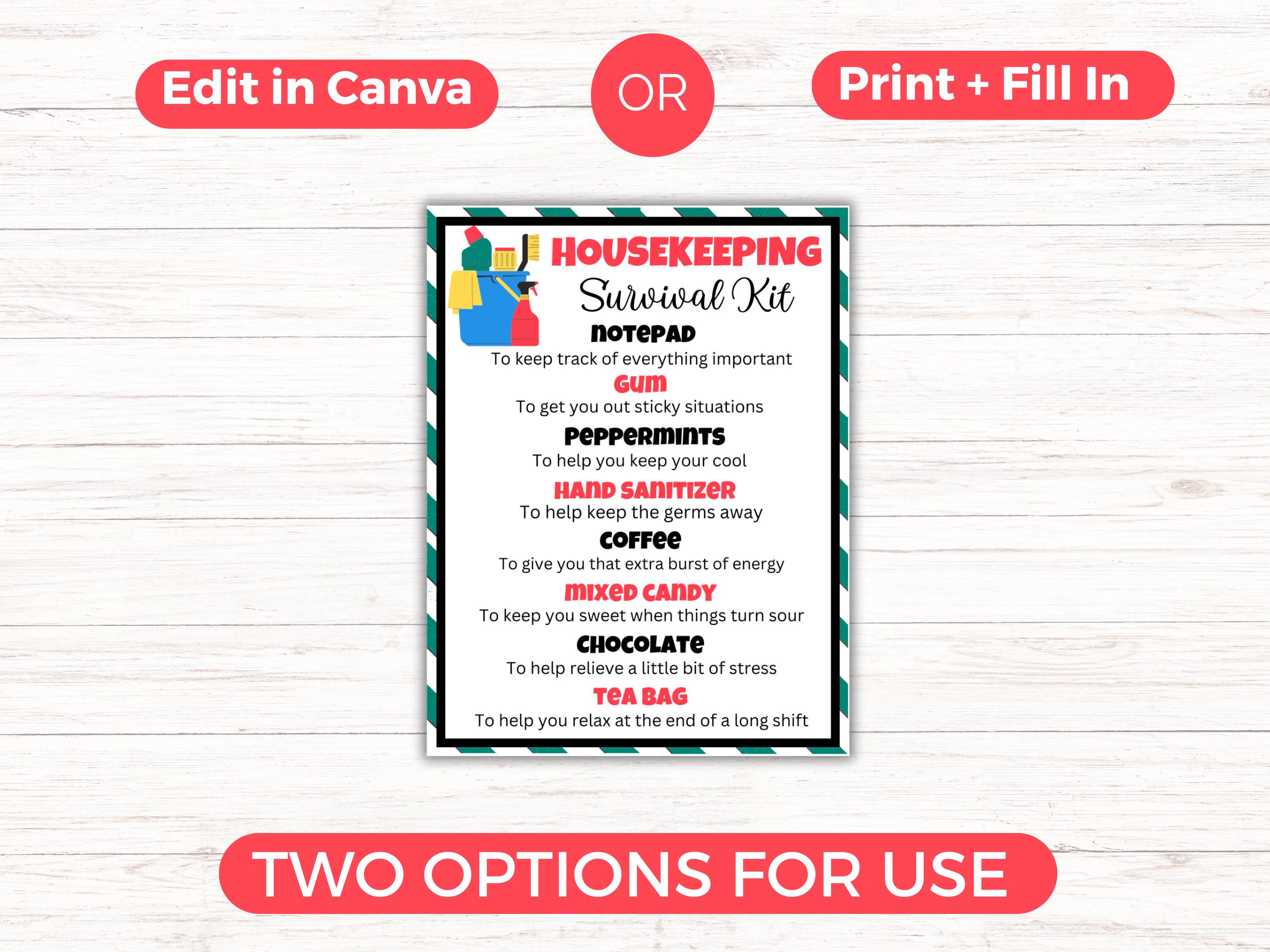 Editable Housekeeper Survival Kit Gift Tags, Housekeeping Appreciation ...