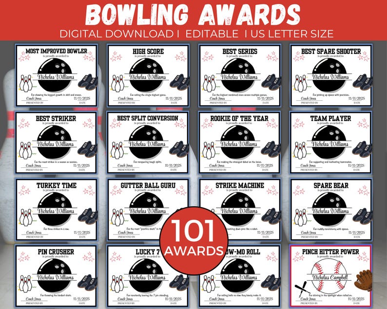Editable Bowling Award Certificates, 101 Printable End of Season ...