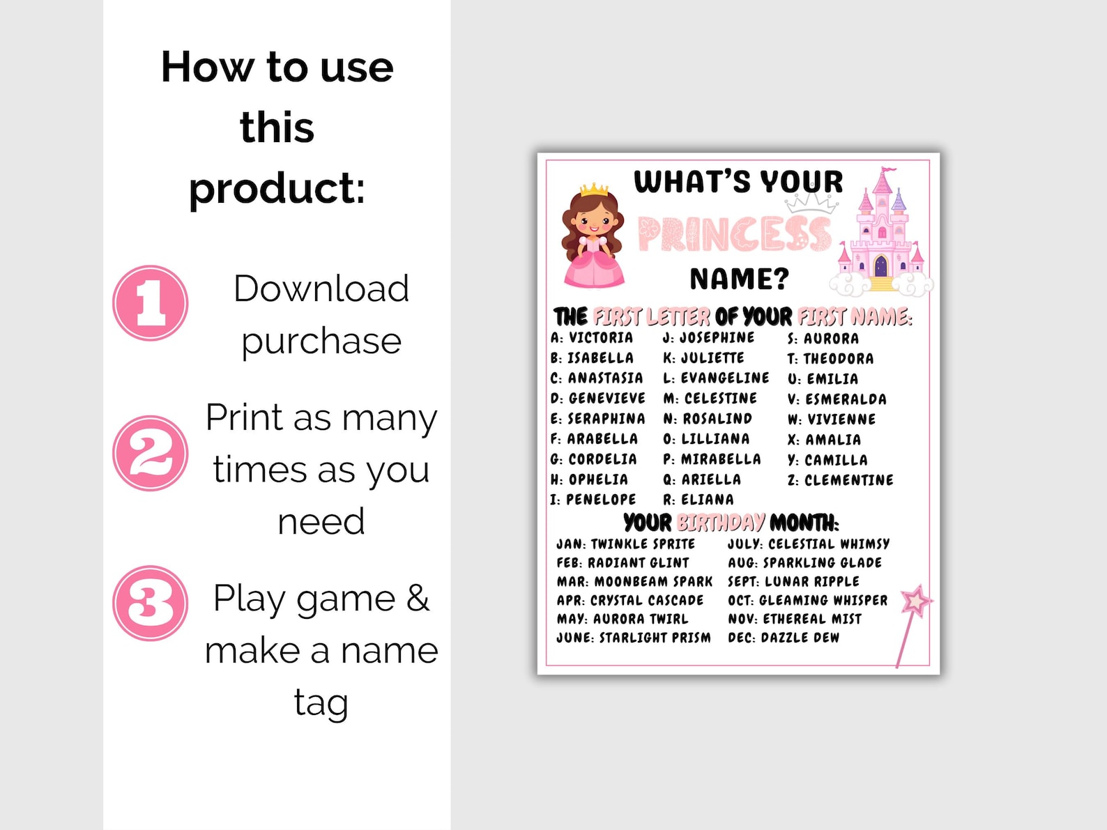 What's Your Princess Name Game + Name Tags, Printable Princess Birthday ...
