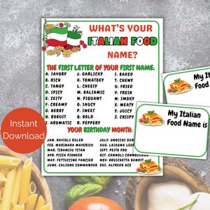 What's Your Italian Food Name Game + Name Tags, Pasta Dinner Party Game ...