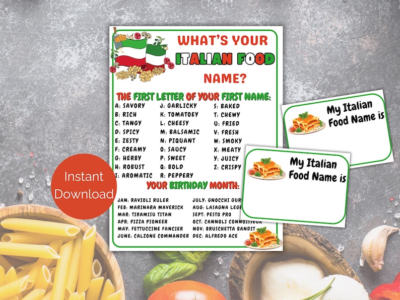 What's Your Italian Food Name Game + Name Tags, Pasta Dinner Party Game ...