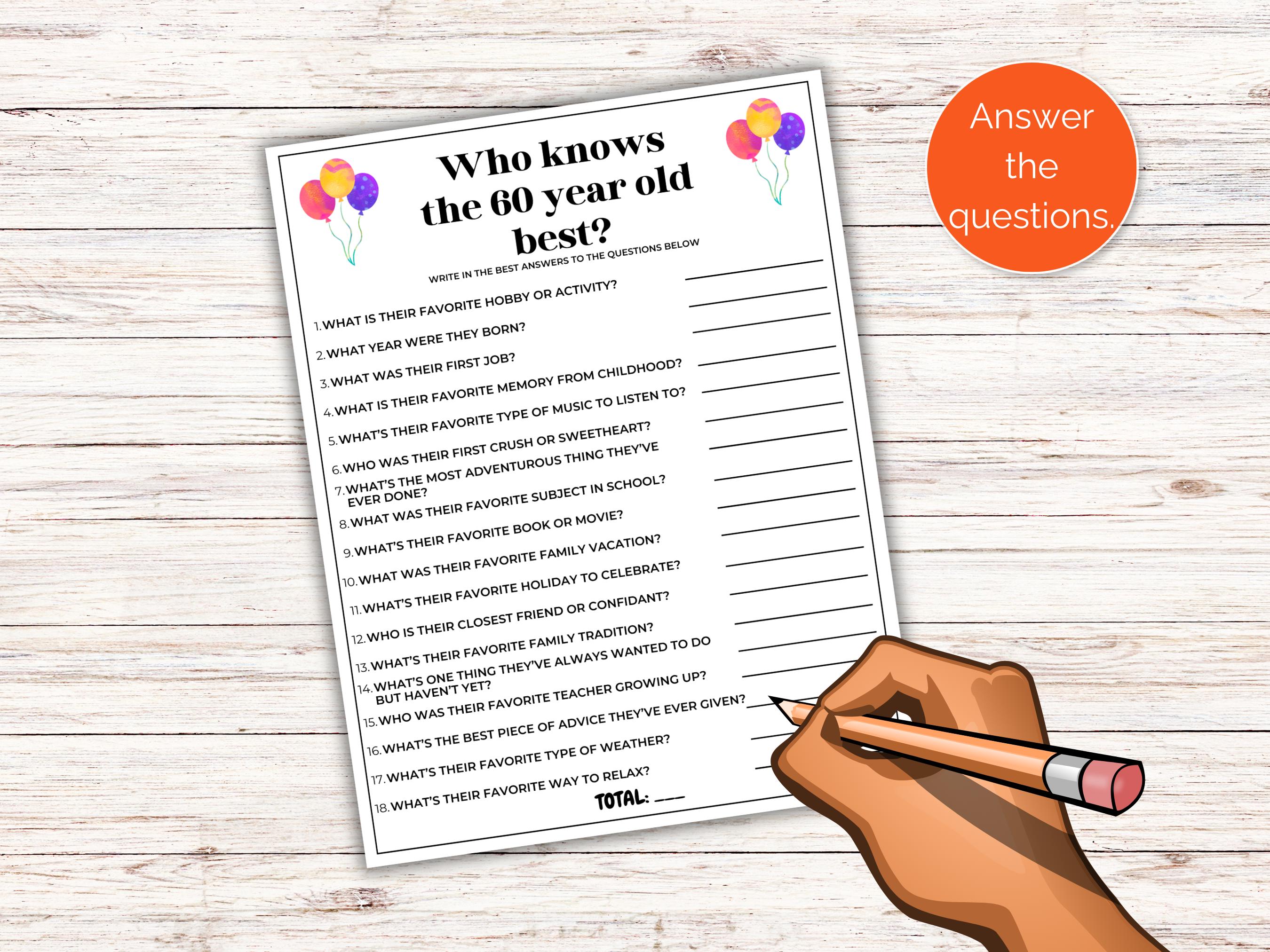 Who Knows the 60 Year Old Best Game, Printable 60th Birthday Party ...
