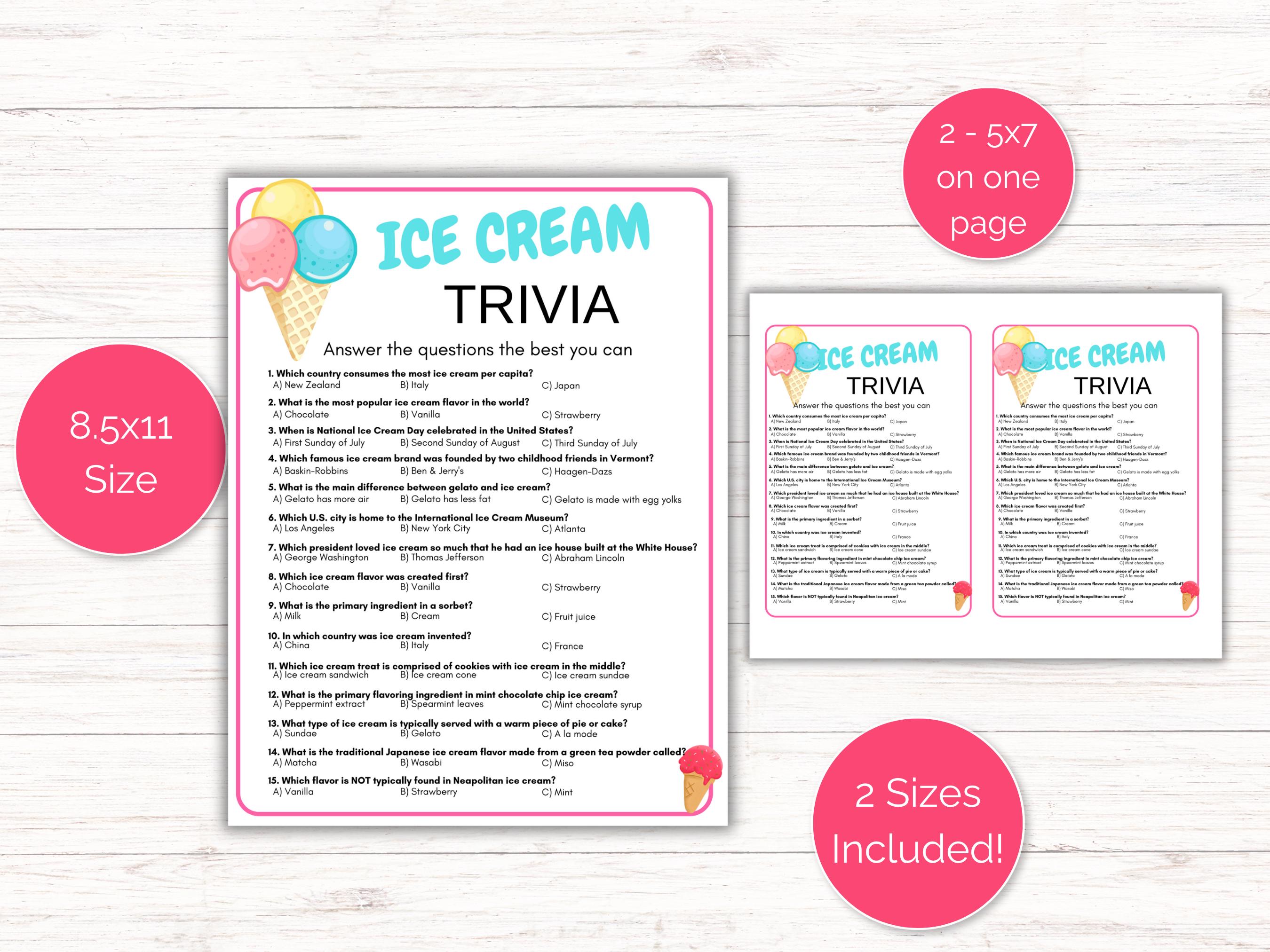 Ice Cream Trivia Game, Printable Ice Cream Quiz, Ice Cream Party Game ...