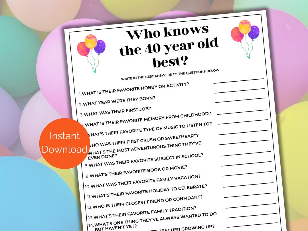 Who Knows the 40 Year Old Best Game, Printable 40th Birthday Party ...