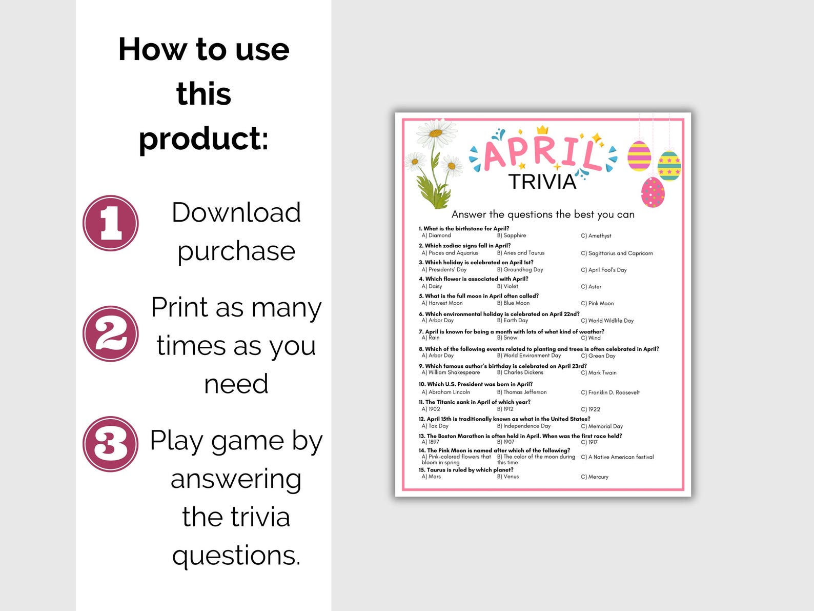 April Trivia Game, April Quiz, Printable April Games for Kids and ...