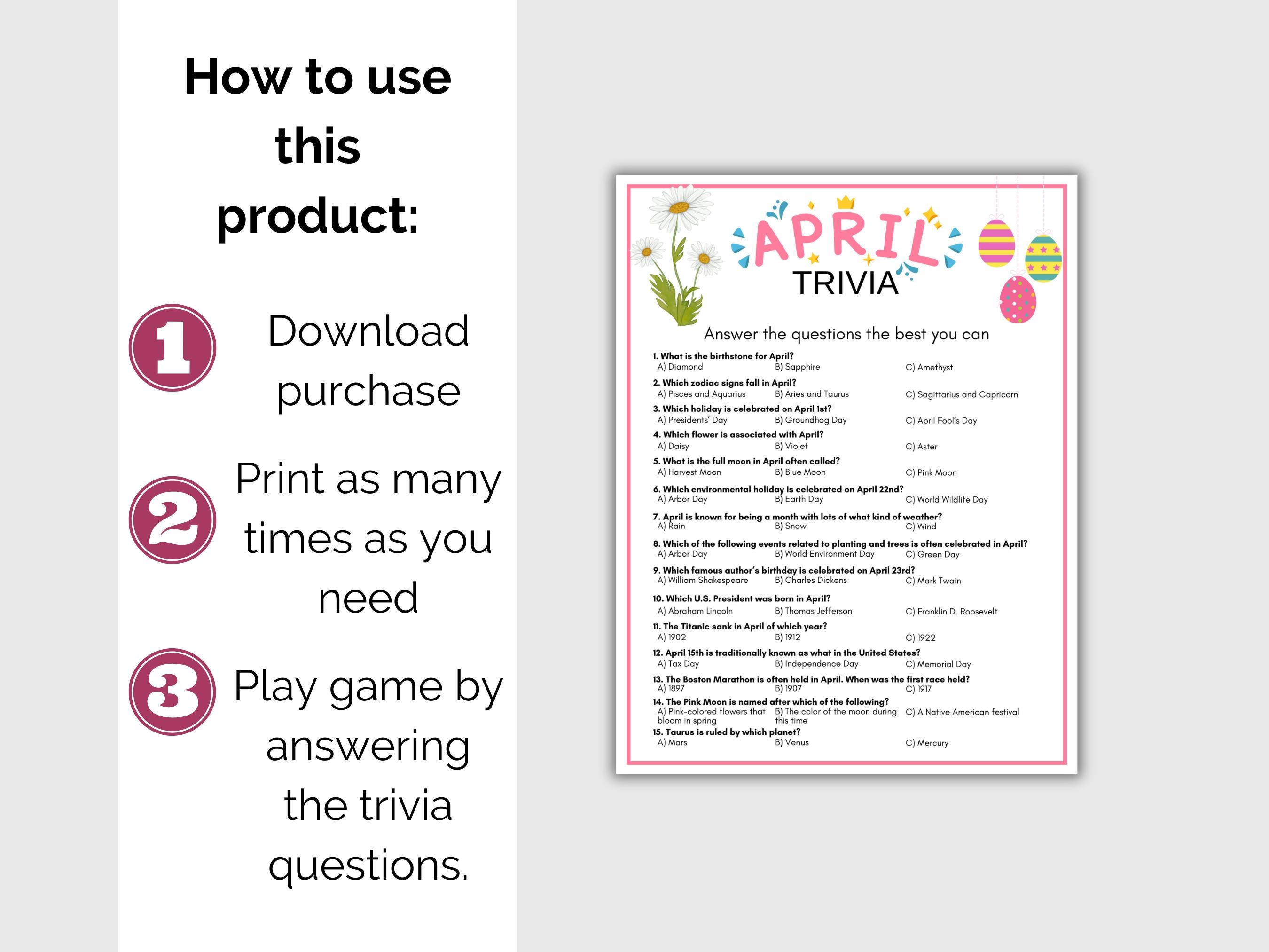 April Trivia Game, April Quiz, Printable April Games for Kids and ...