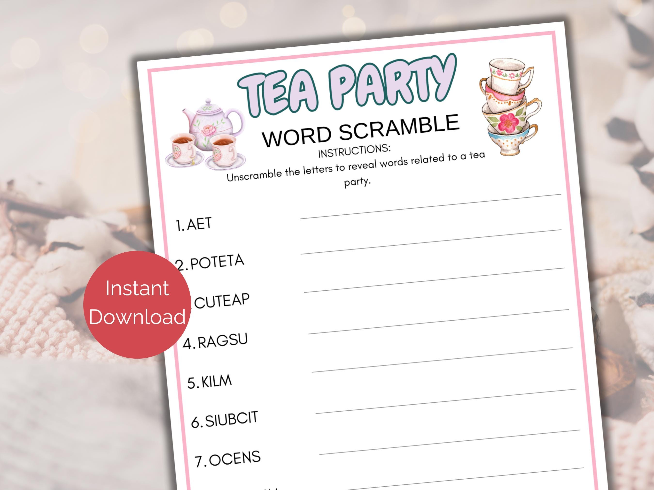 Tea Party Word Scramble Game, Printable Tea Party Games, Garden Party ...