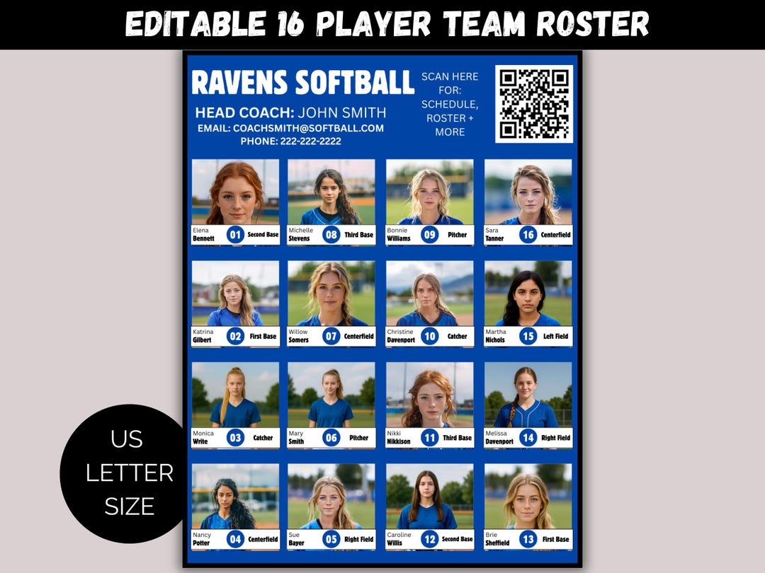Editable 16 Player Team Roster Template, Customizable Travel Team ...