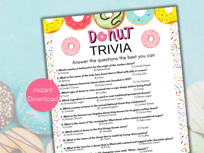 Donut Trivia Game, Donut Party Game, Printable Donut Game for Kids and ...