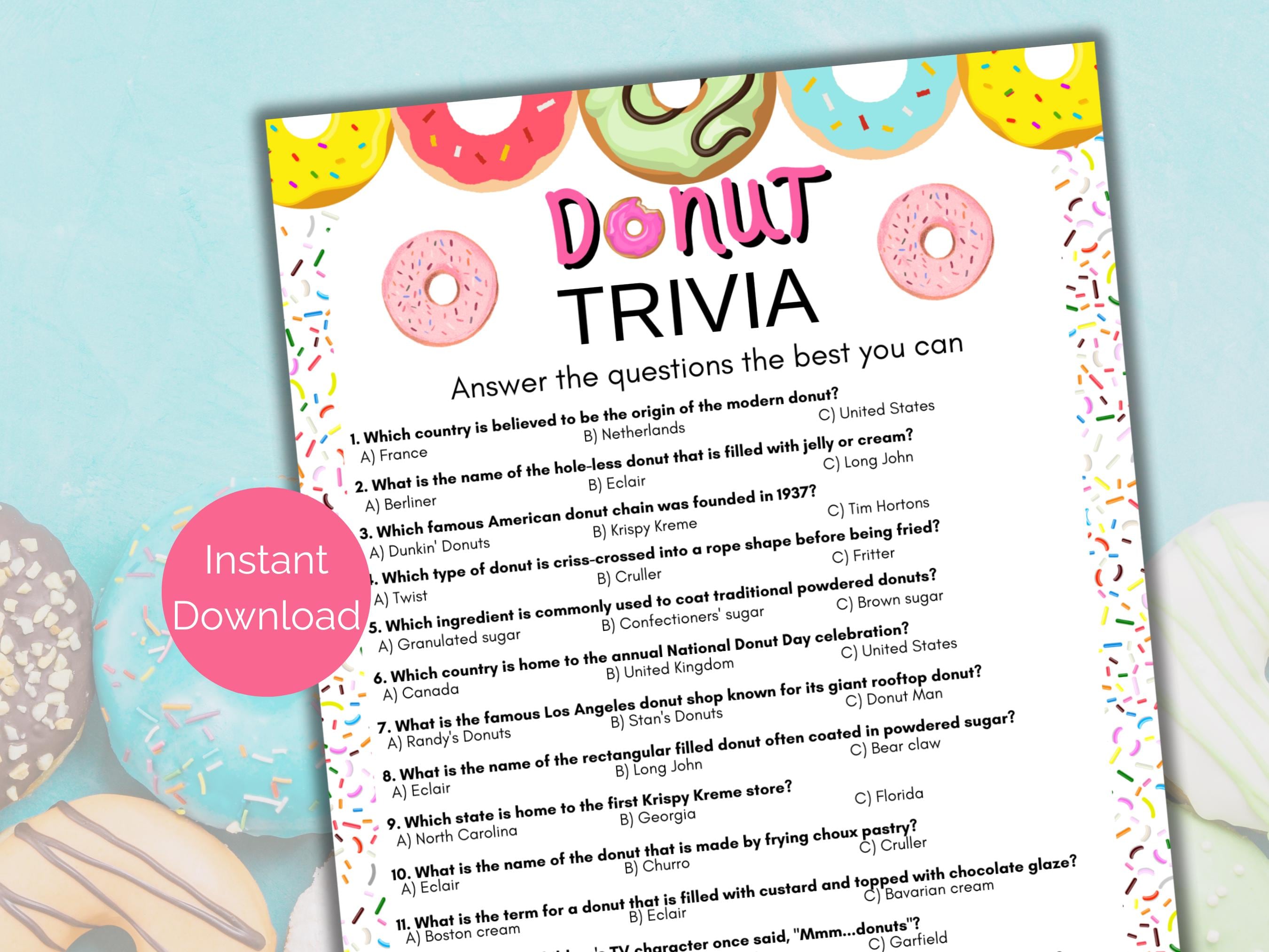 Donut Trivia Game, Donut Party Game, Printable Donut Game for Kids and ...