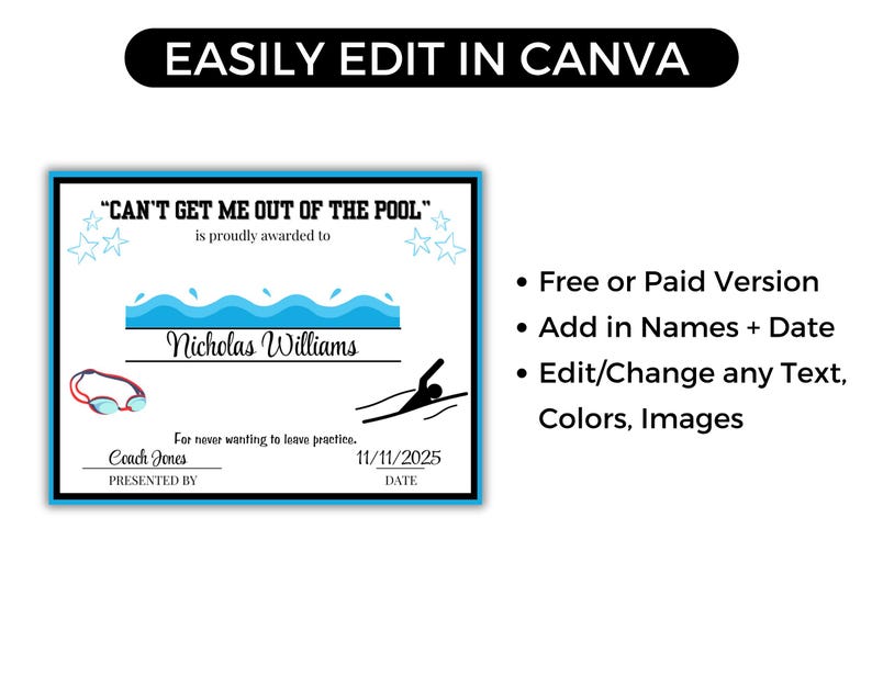 Editable Swimming Award Certificates, 101 Printable End of Season Swim ...