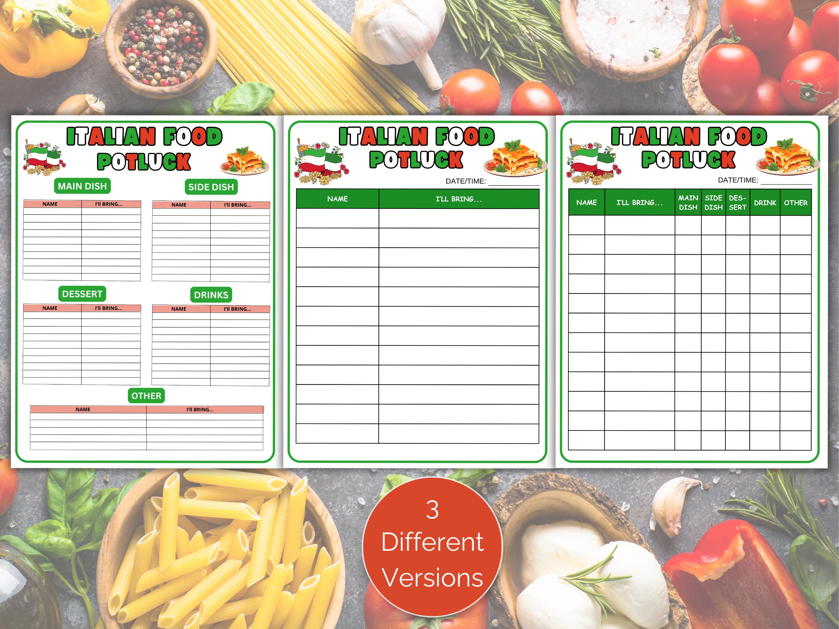 Italian Food Potluck Sign up Sheet, Printable Pasta Dinner Party ...