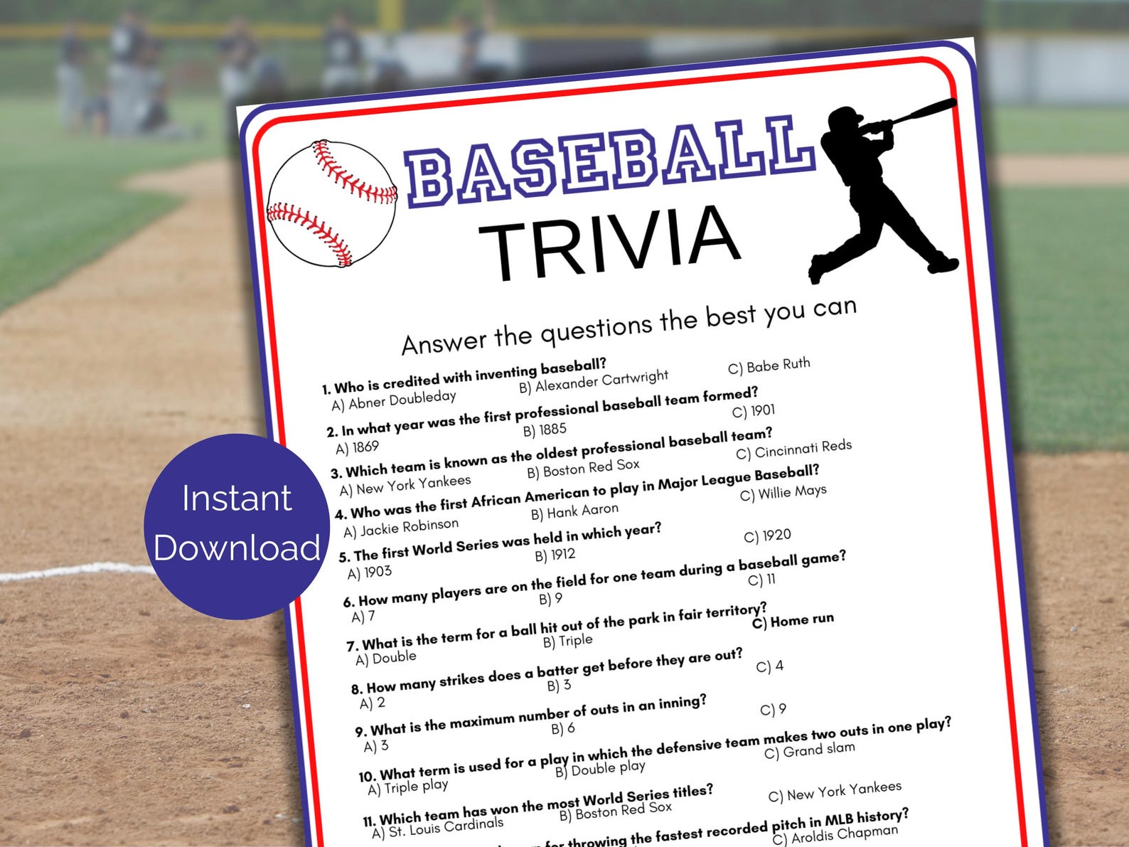 Baseball Trivia Game, Printable Baseball Team Party Games, Baseball ...