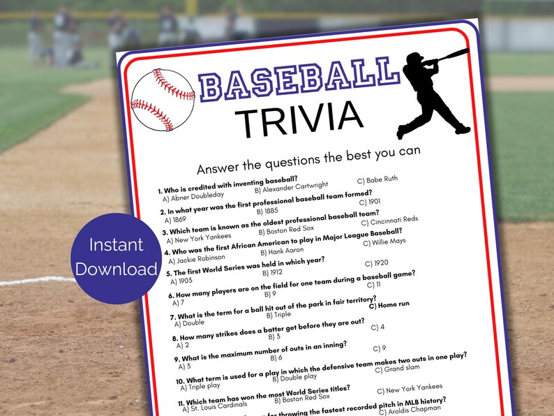 Baseball Trivia Game, Printable Baseball Team Party Games, Baseball ...