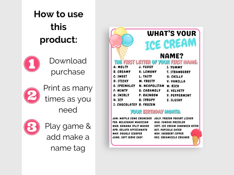 What's Your Ice Cream Name Game + Name Tags, Ice Cream Birthday Party ...