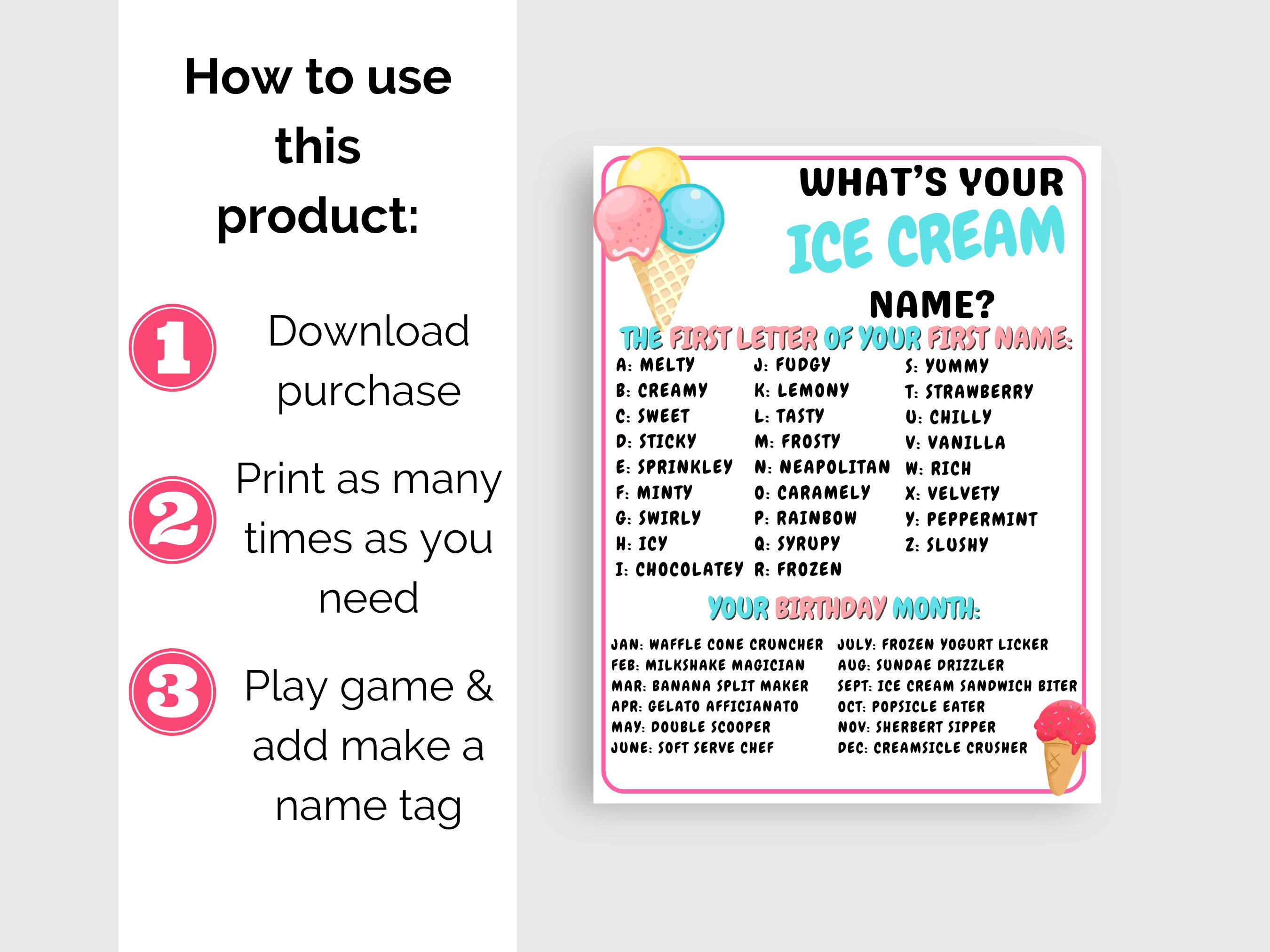 What's Your Ice Cream Name Game + Name Tags, Ice Cream Birthday Party ...