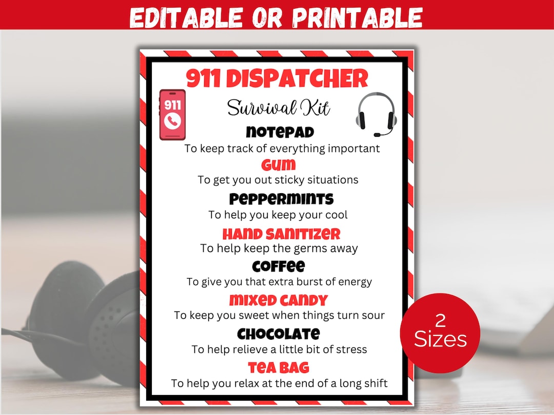 Editable 911 Dispatcher Survival Kit Gift Tag, Emergency Dispatcher ...