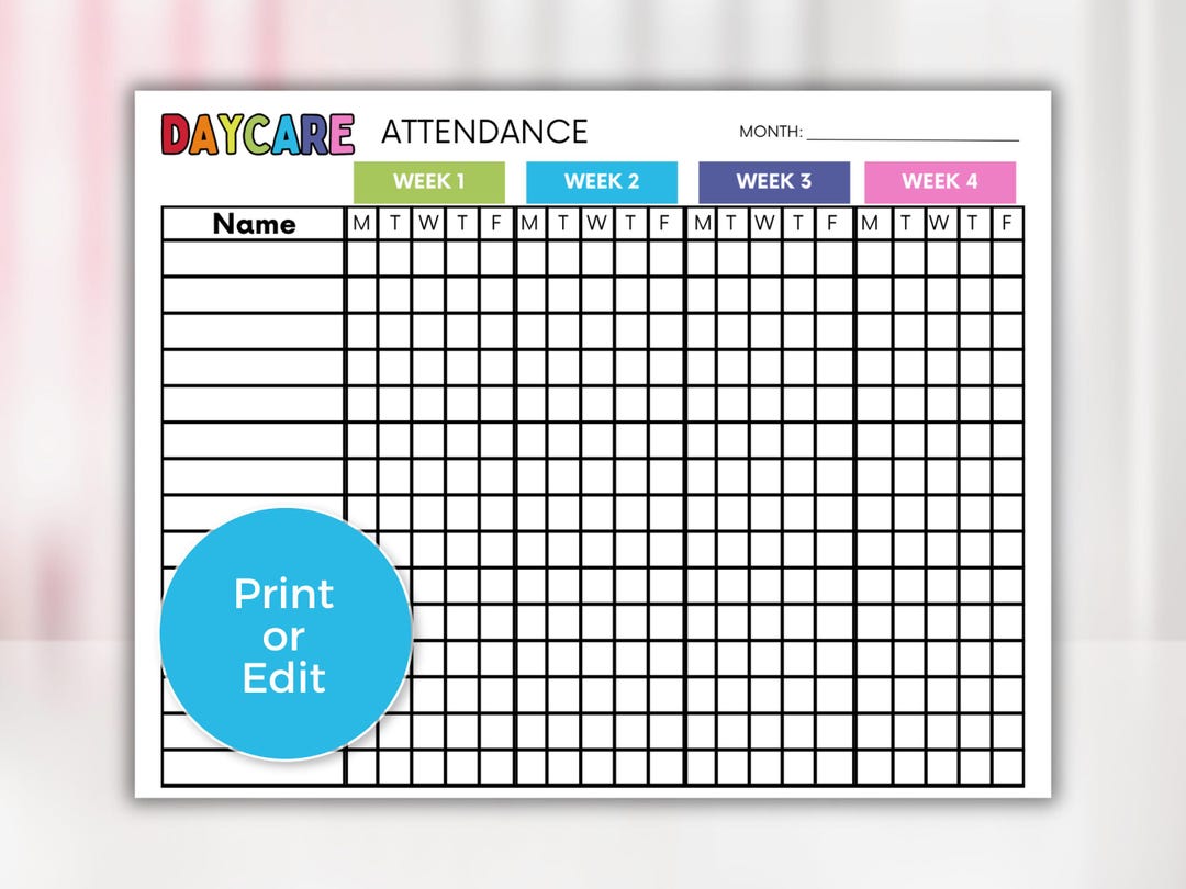 Editable Daycare Weekly Attendance Sheet, Printable Daycare Attendance ...