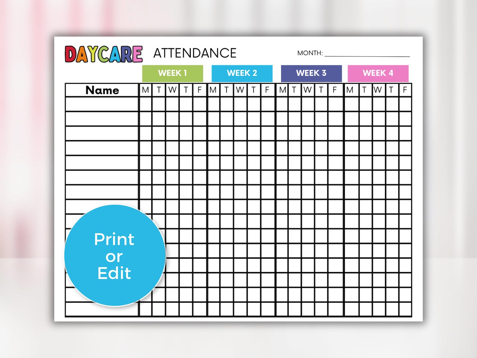 Editable Daycare Weekly Attendance Sheet, Printable Daycare Attendance ...