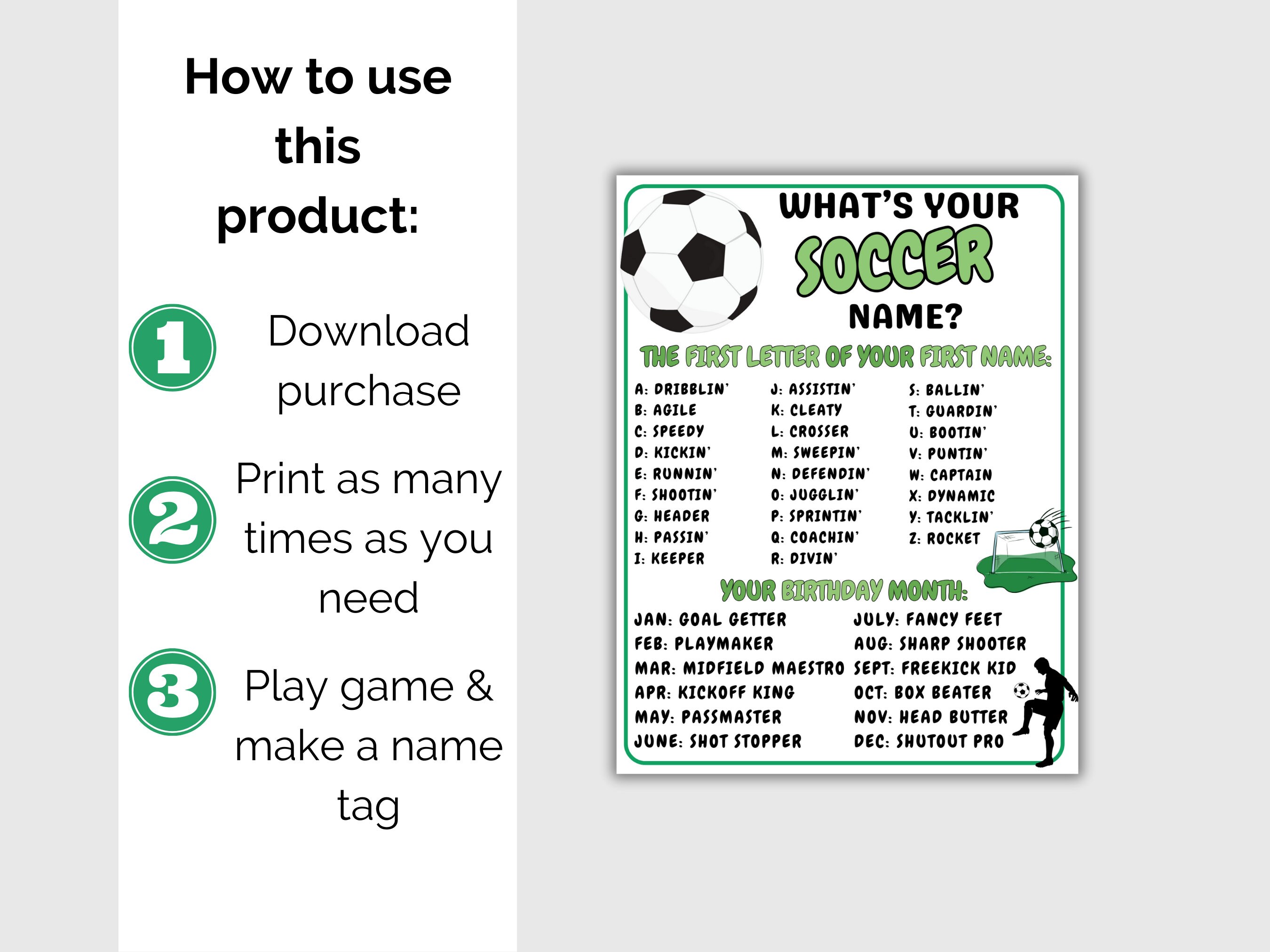 What's Your Soccer Name Game + Name Tags, Soccer Birthday Party ...