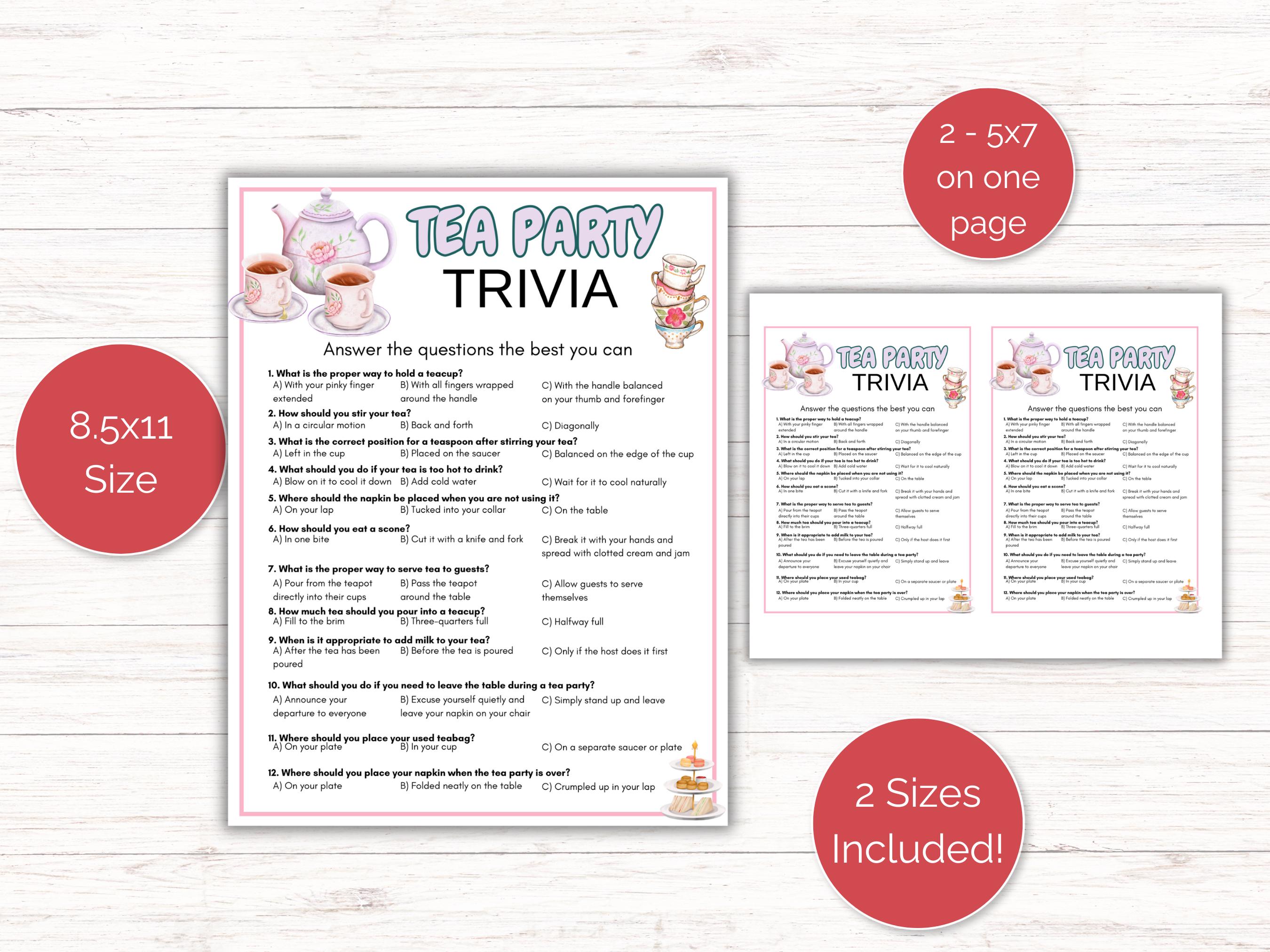 Tea Party Trivia Game, Tea Party Quiz, Tea Party Etiquette Game ...