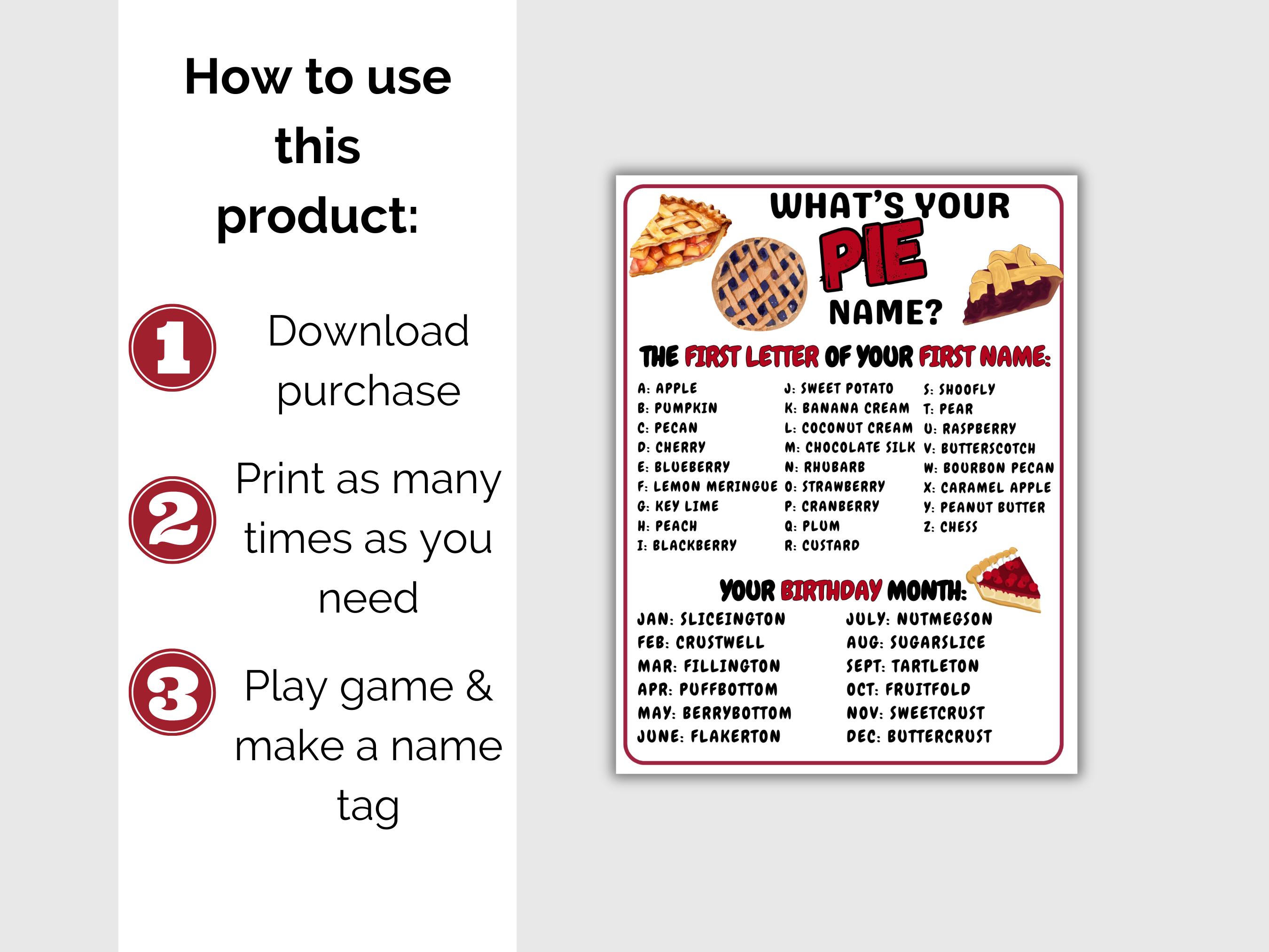 What's Your Pie Name Game + Name Tags, Pi Day Game, Pie Holiday Party ...
