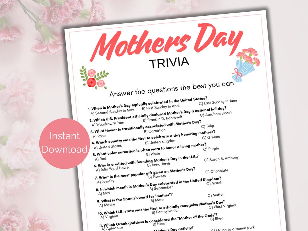 Mothers Day Trivia Game, Printable Mothers Day Quiz, Mothers Day Party ...