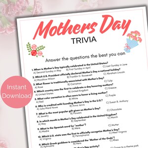 Mothers Day Trivia Game, Printable Mothers Day Quiz, Mothers Day Party ...