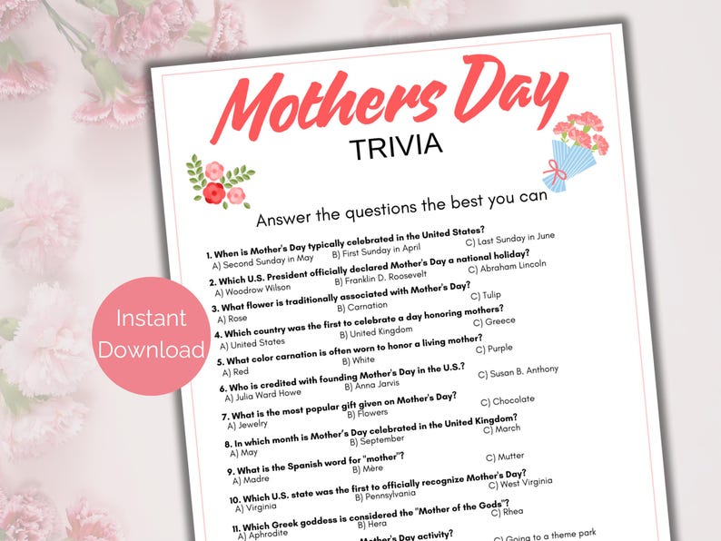 Mothers Day Trivia Game, Printable Mothers Day Quiz, Mothers Day Party ...