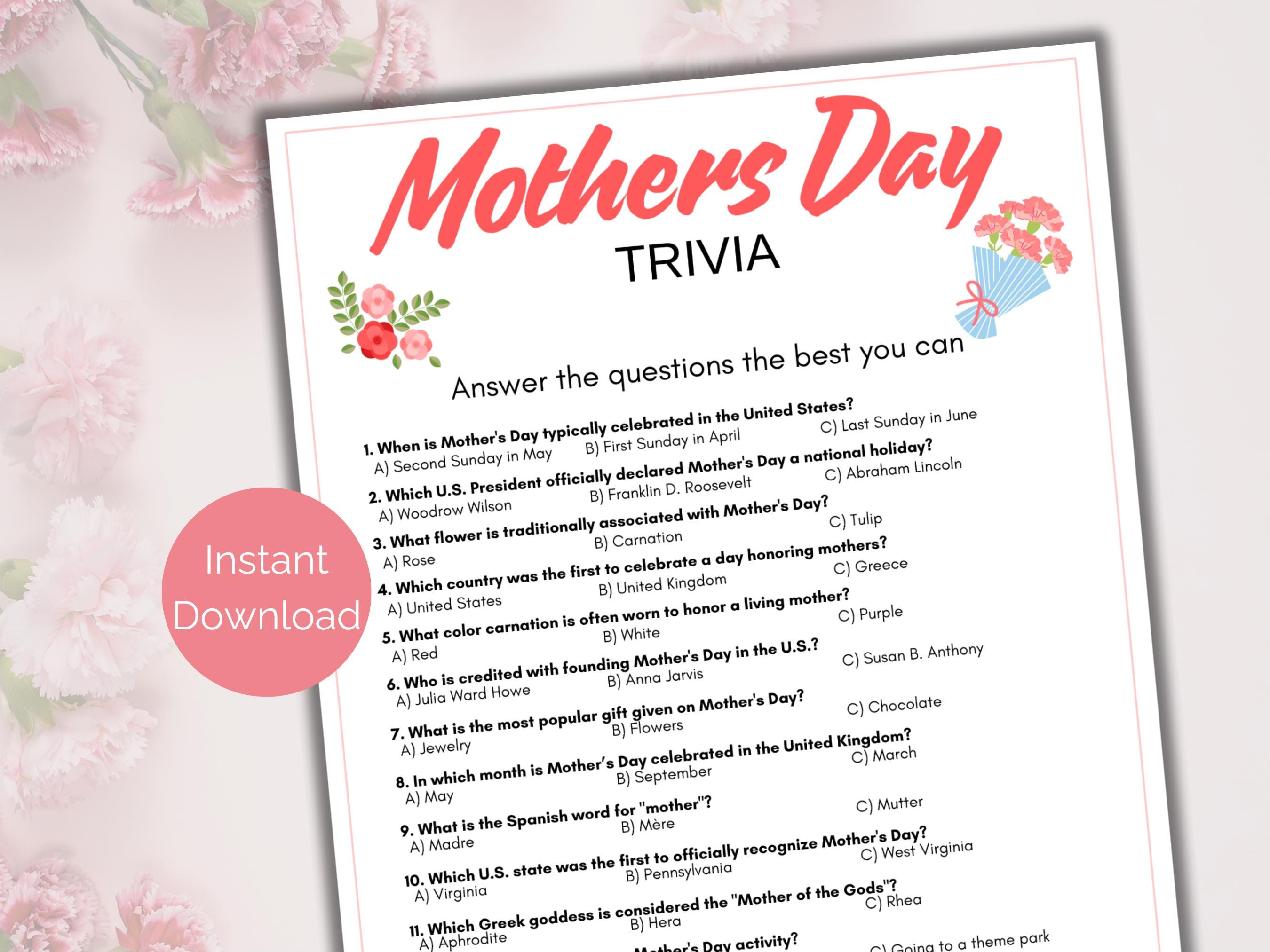 Mothers Day Trivia Game, Printable Mothers Day Quiz, Mothers Day Party ...