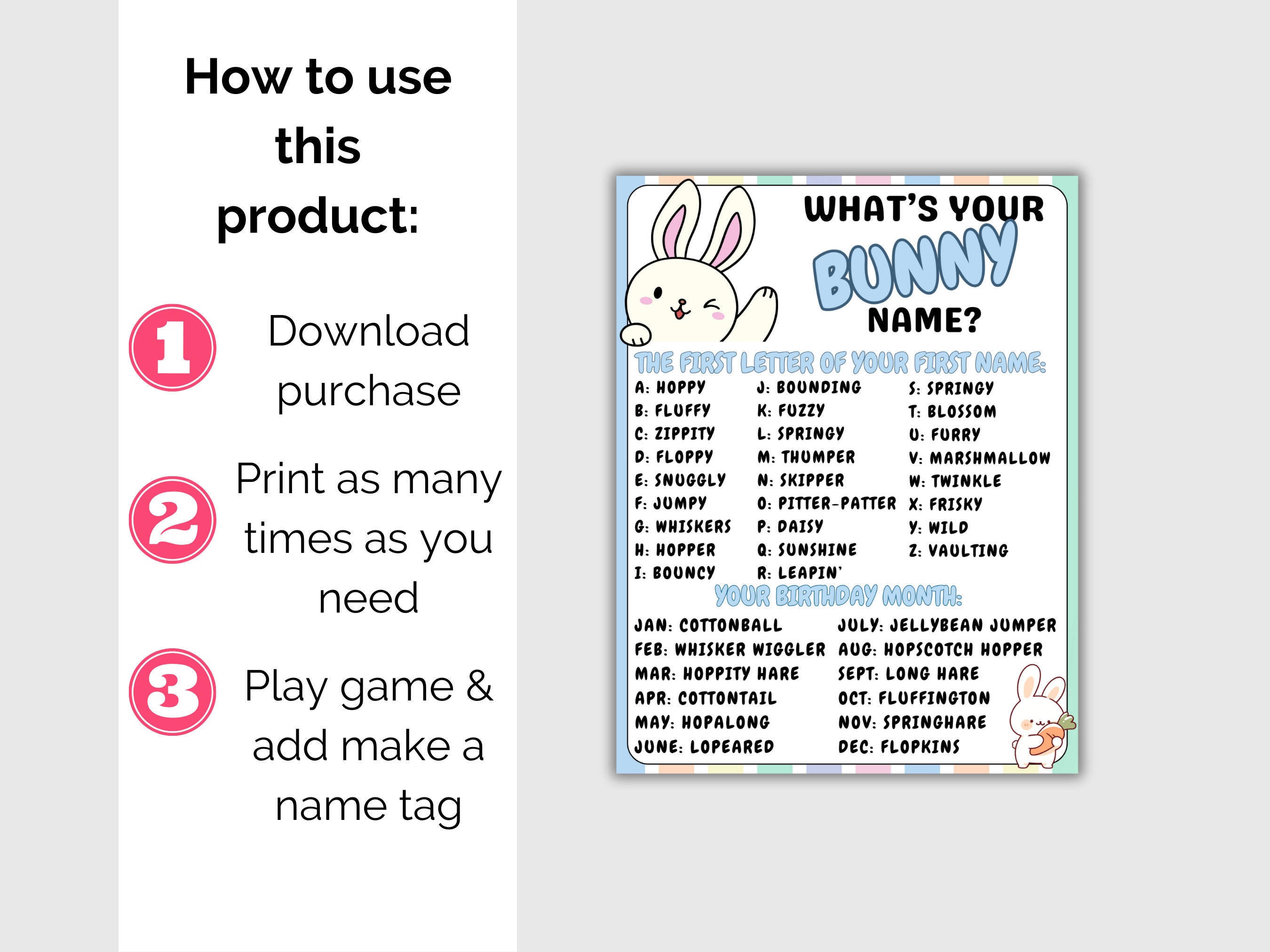 What's Your Bunny Name Game + Name Tags, Easter Name Game, Printable ...